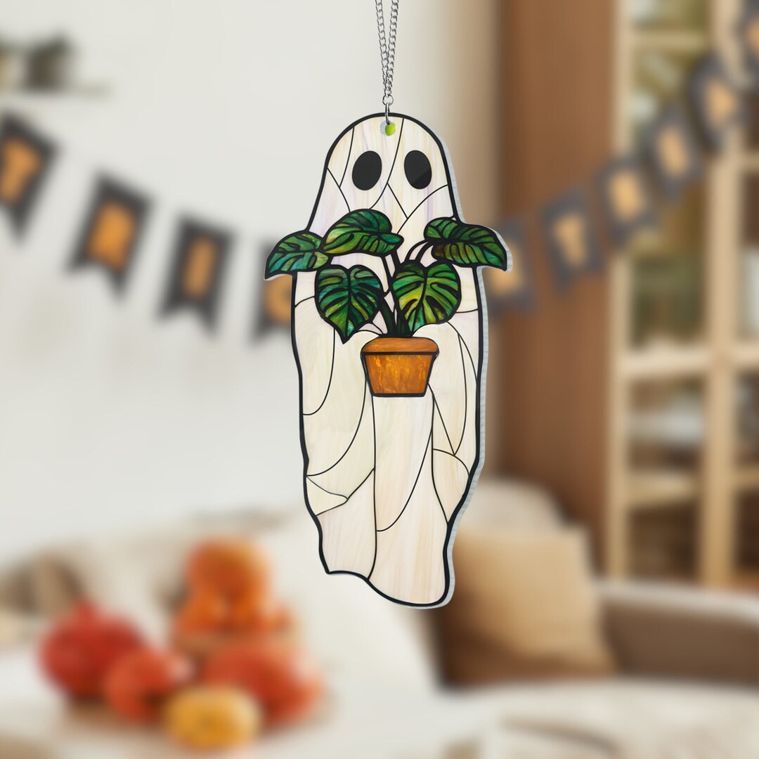 Cute Ghost Plant Suncatcher, Ghost and Monstera Acrylic Suncatcher ...