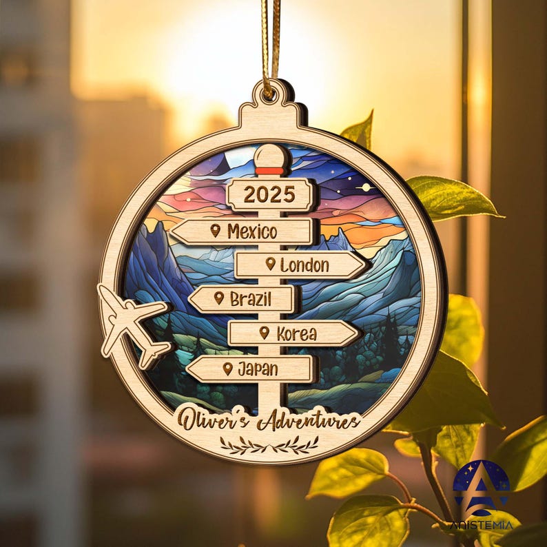 Personalized Travel Adventure Suncatcher Ornament, Custom Traveling ...