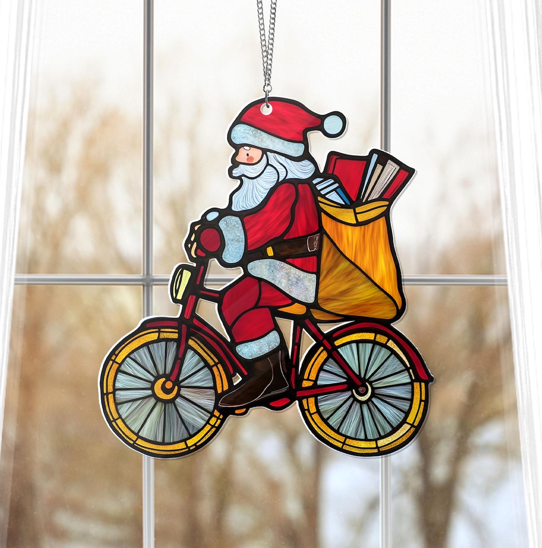 Santa Ride Bike With Book Suncatcher Ornament, Christmas Santa Bookish ...
