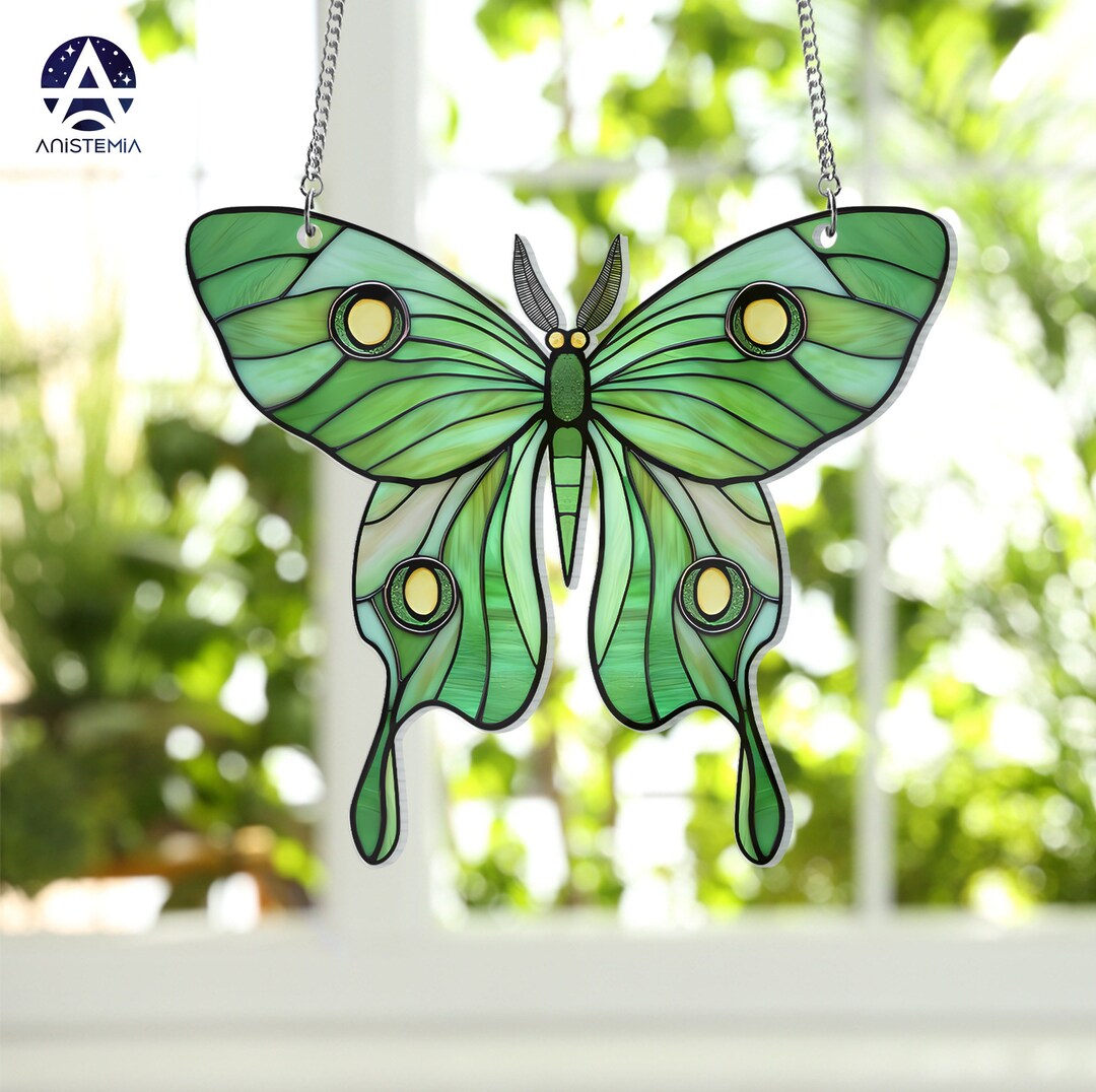 Luna Moth Butterfly Suncatcher, Stained Glass Window Hanging, Unique ...