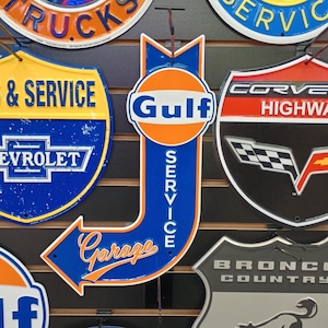 Gulf Gas Bent Arrow Tin Sign Garage Decor Men Gas Station Theme Airbnb ...