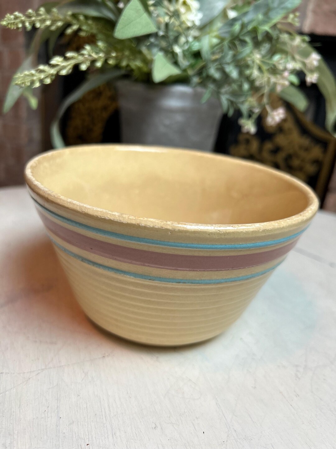 Antique WATT Ribbed YELLOW WARE #6 Mixing Bowl Dish Mauve Pink & Aqua ...