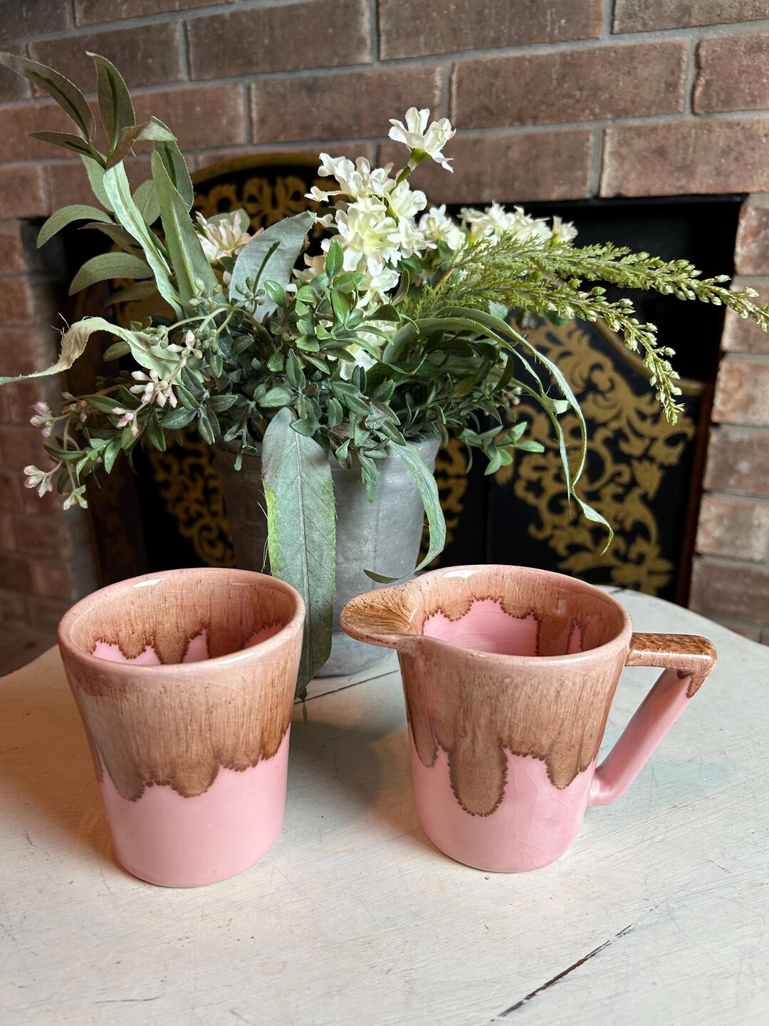 WINART Pottery Creamer & Cup Cream and Sugar Drip Glaze Pink Brown ...