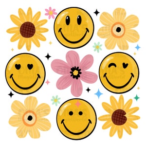 Flowers Spring Smiley Face Png Sublimation Design Download, Groovy Png ...