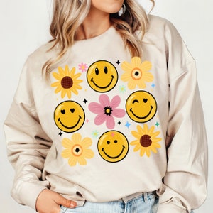 Flowers Spring Smiley Face Png Sublimation Design Download, Groovy Png ...