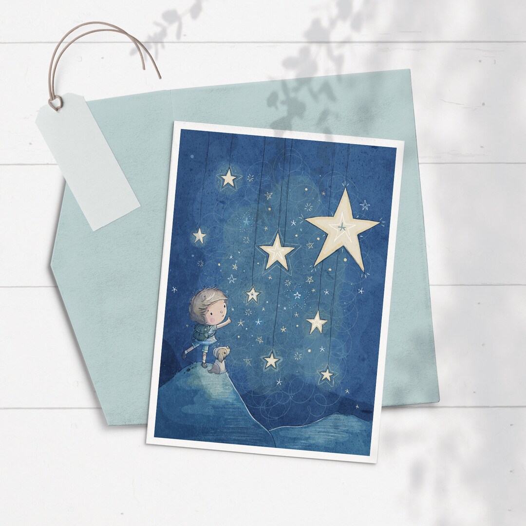 Space-themed Card for Baby Boy or Birthday | Gentle Starry Kids Card ...