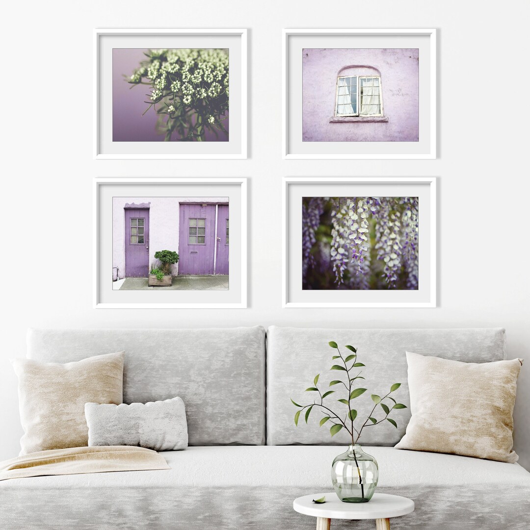Purple Print Set, Set of Four Prints, Purple Green Wall Art, Botanical ...