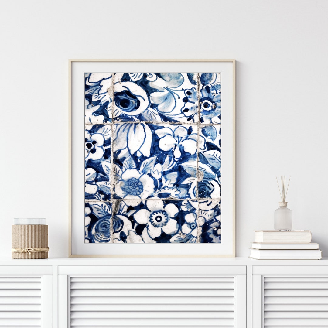 Blue and White Flower Tiles Print Floral Wall Art, Lisbon Travel ...
