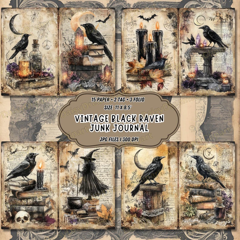 Black Raven Crow Junk Journal Pages | Vintage Dark Magical Junk Journal ...