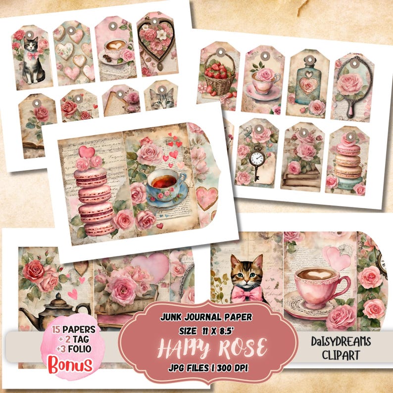 Happy Rose Junk Journal Kit: Shabby Chic Ephemera (digital Download) - Etsy
