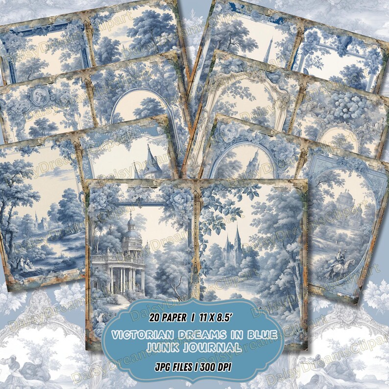 Victorian Dreams in Blue Junk Journal Kit | Vintage Toile Blue Journal ...