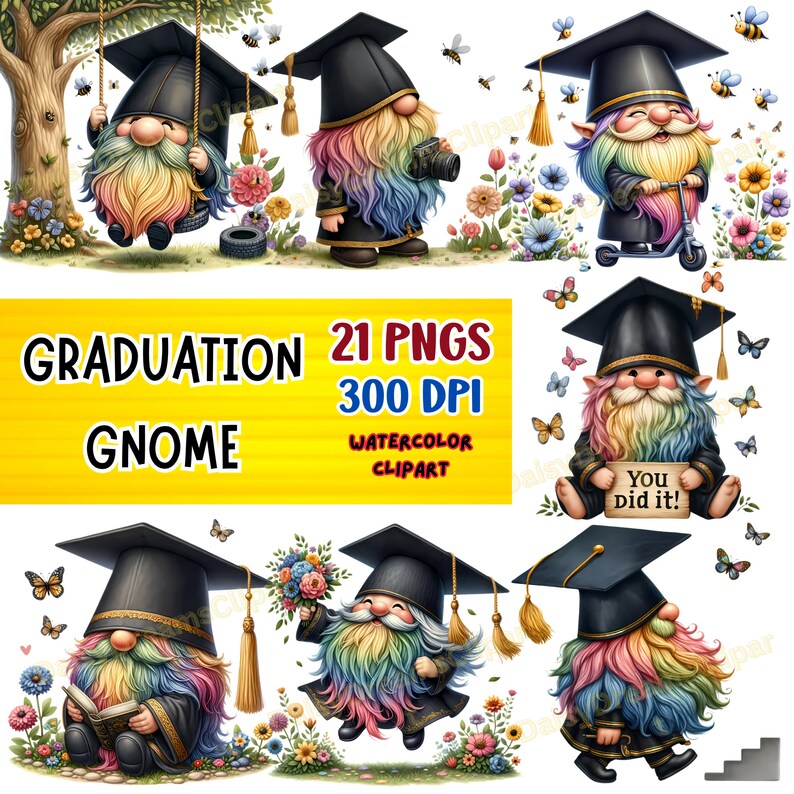 Watercolor Graduation Gnome Clipart - 21 PNG Graduation Ornament ...