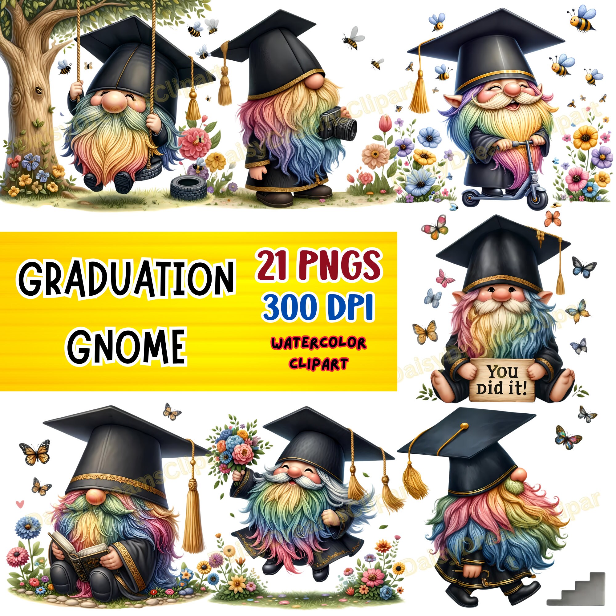 Watercolor Graduation Gnome Clipart - 21 PNG Graduation Ornament ...