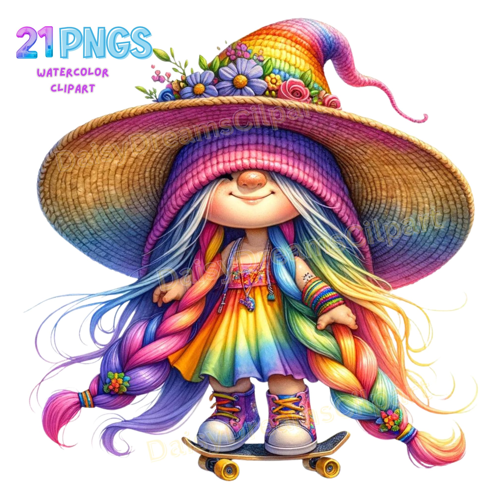 Watercolor Rainbow Girl Gnome Clipart: Hippie LGBTQIA+ PNG (digital ...