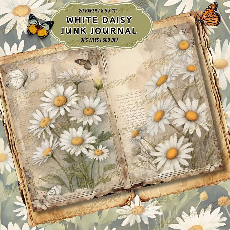 White Daisy Journal Kit | 20 JPG Digital Junk Journal Pages | Shabby ...