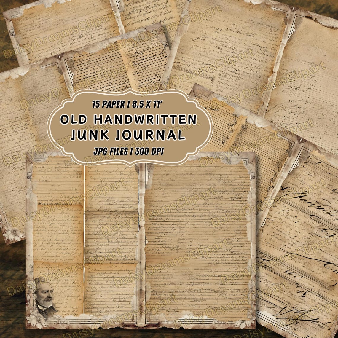 Old Handwriting Junk Journal Pages Digital Scrapbook Paper Kit Vintage ...