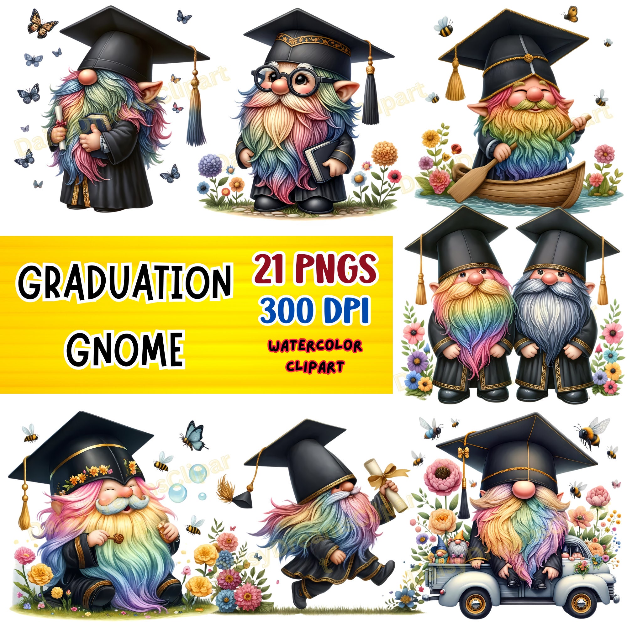 Watercolor Graduation Gnome Clipart - 21 PNG Graduation Ornament ...