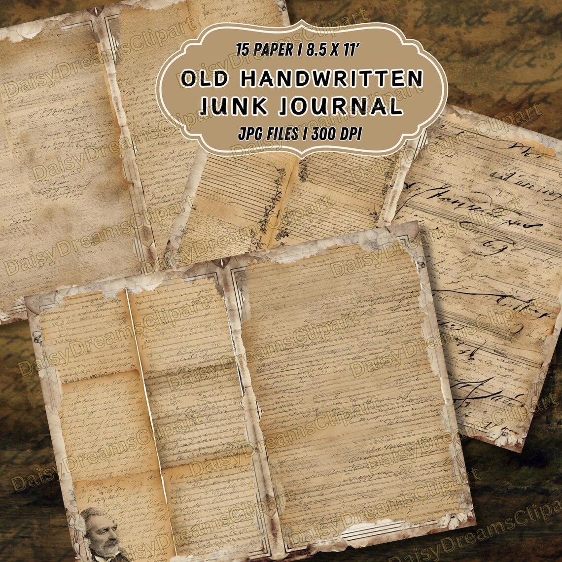 Old Handwriting Junk Journal Pages Digital Scrapbook Paper Kit Vintage ...