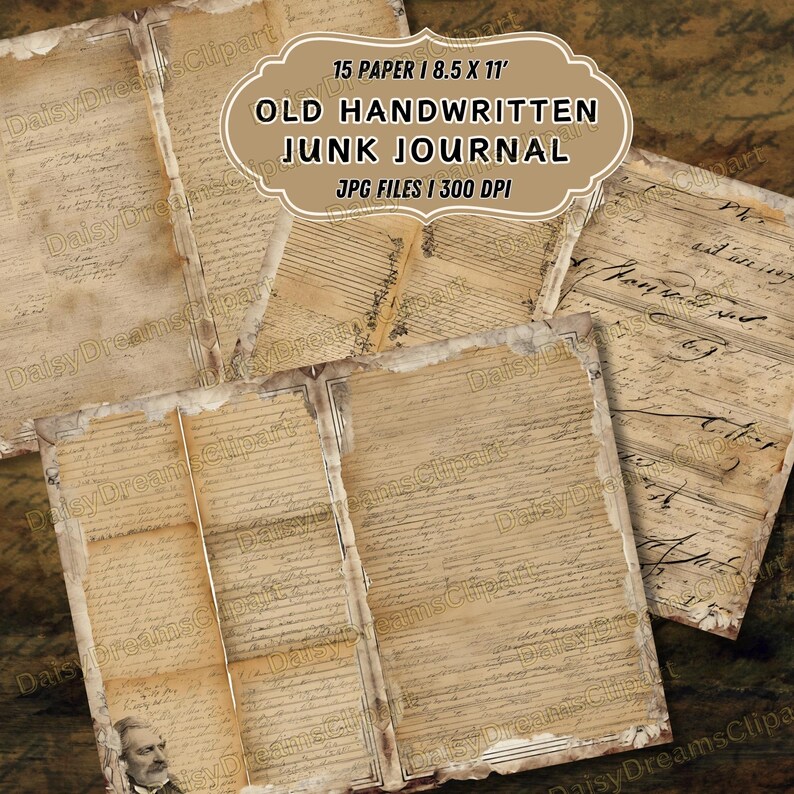 Old Handwriting Junk Journal Pages | Digital Scrapbook Paper Kit ...