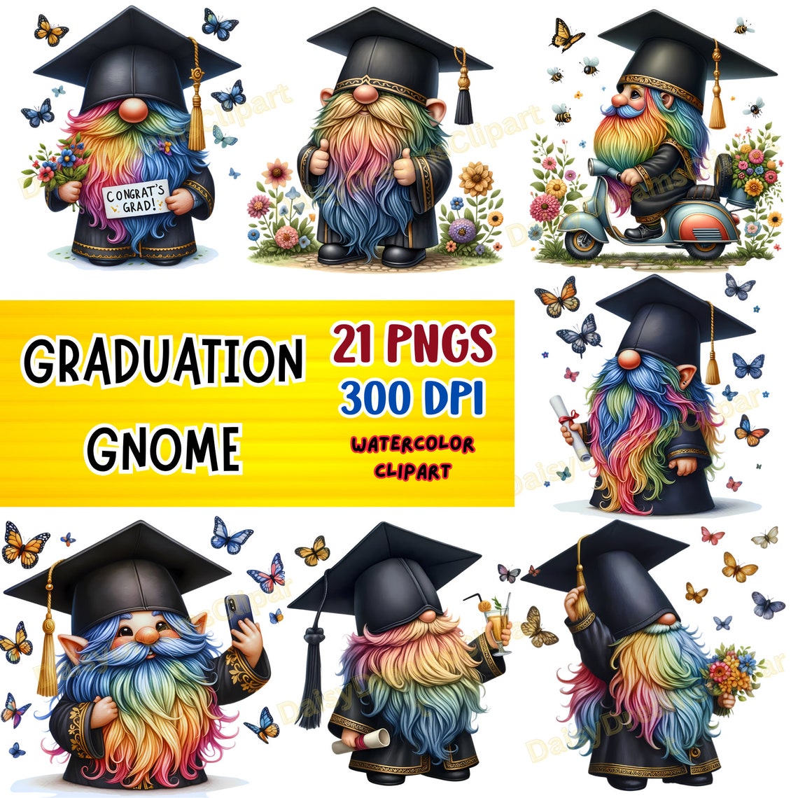 Watercolor Graduation Gnome Clipart - 21 PNG Graduation Ornament ...