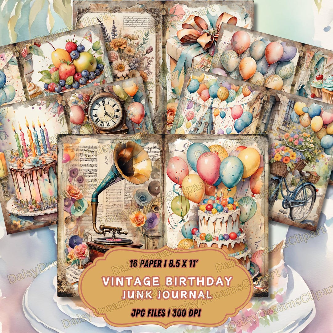Vintage Birthday Junk Journal Pages: Scrapbook Paper Kit (16 JPG Files ...