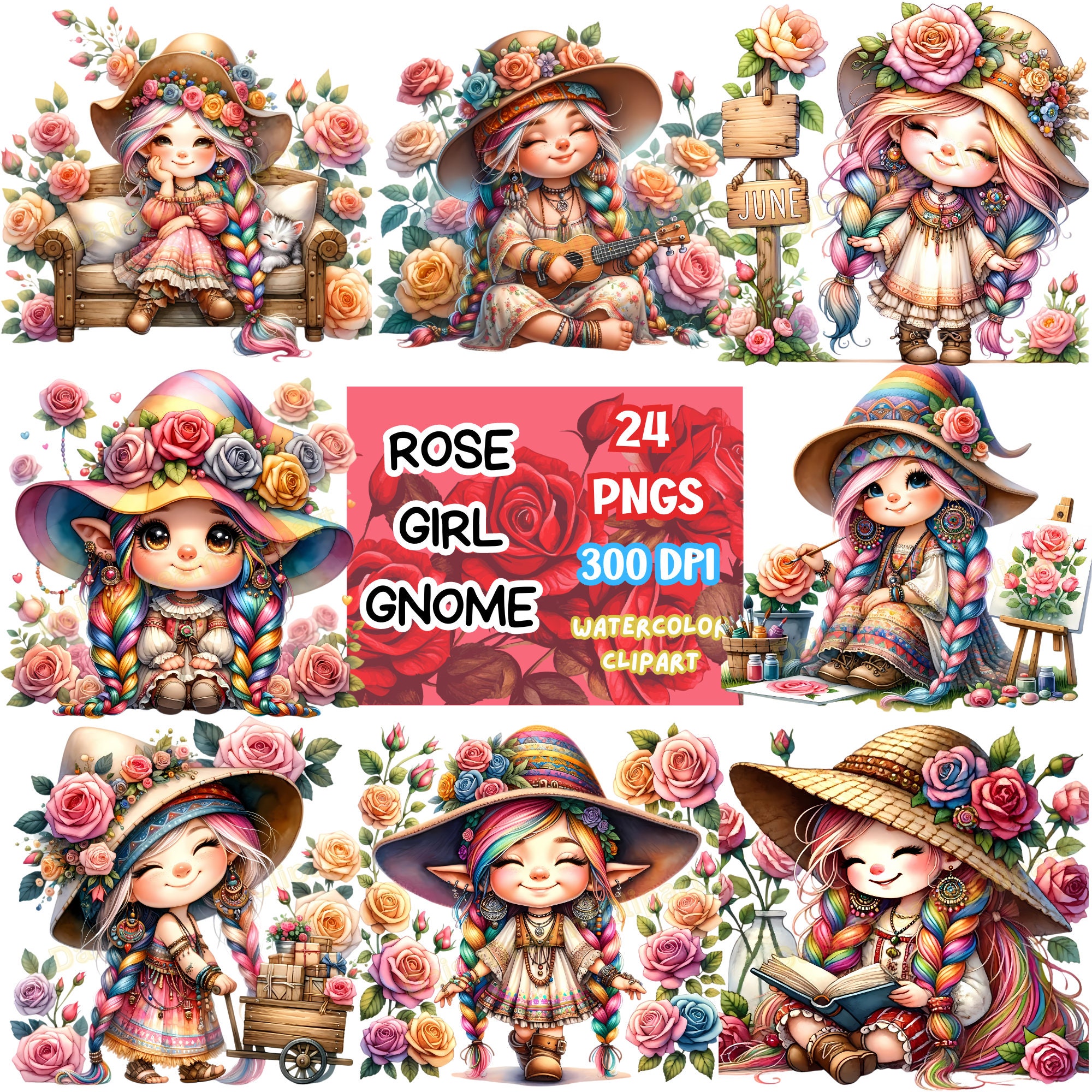 Watercolor Rose Girl Gnome Clipart: Bohemian Flowers PNG (digital ...