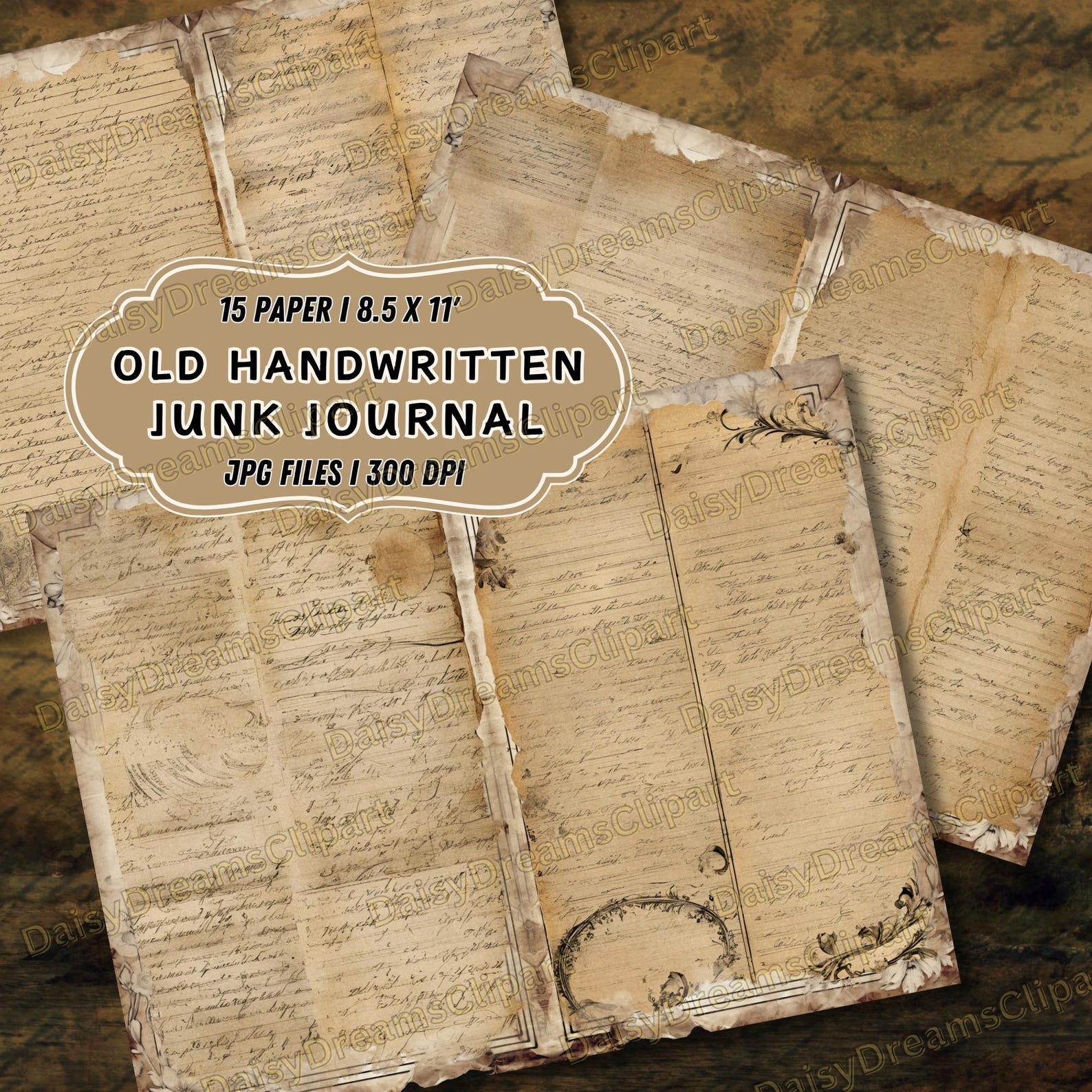 Old Handwriting Junk Journal Pages | Digital Scrapbook Paper Kit ...