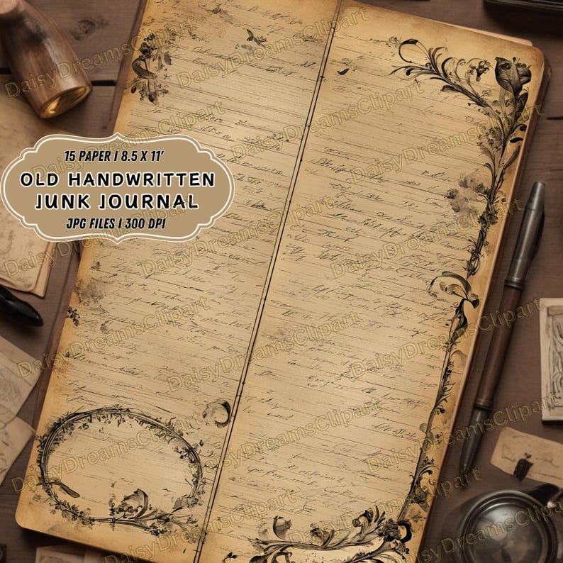 Old Handwriting Junk Journal Pages Digital Scrapbook Paper Kit Vintage ...