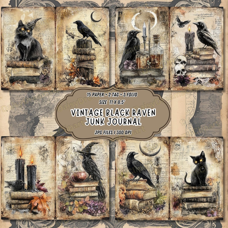 Black Raven Crow Junk Journal Pages | Vintage Dark Magical Junk Journal ...