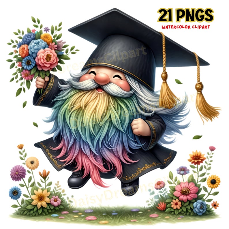 Watercolor Graduation Gnome Clipart: 21 PNG Ornaments (digital Download ...
