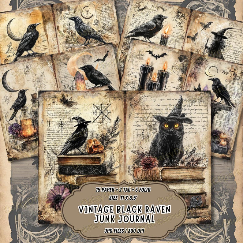 Black Raven Crow Junk Journal Pages | Vintage Dark Magical Junk Journal ...