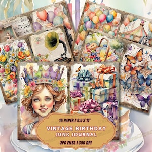 Vintage Birthday Junk Journal Pages: Scrapbook Paper Kit (16 JPG Files ...