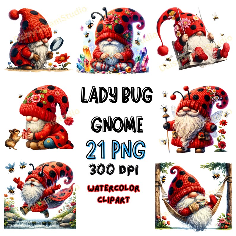 Watercolor Ladybug Gnome Clipart - 21 High-quality Pngs, Gnome Lover ...