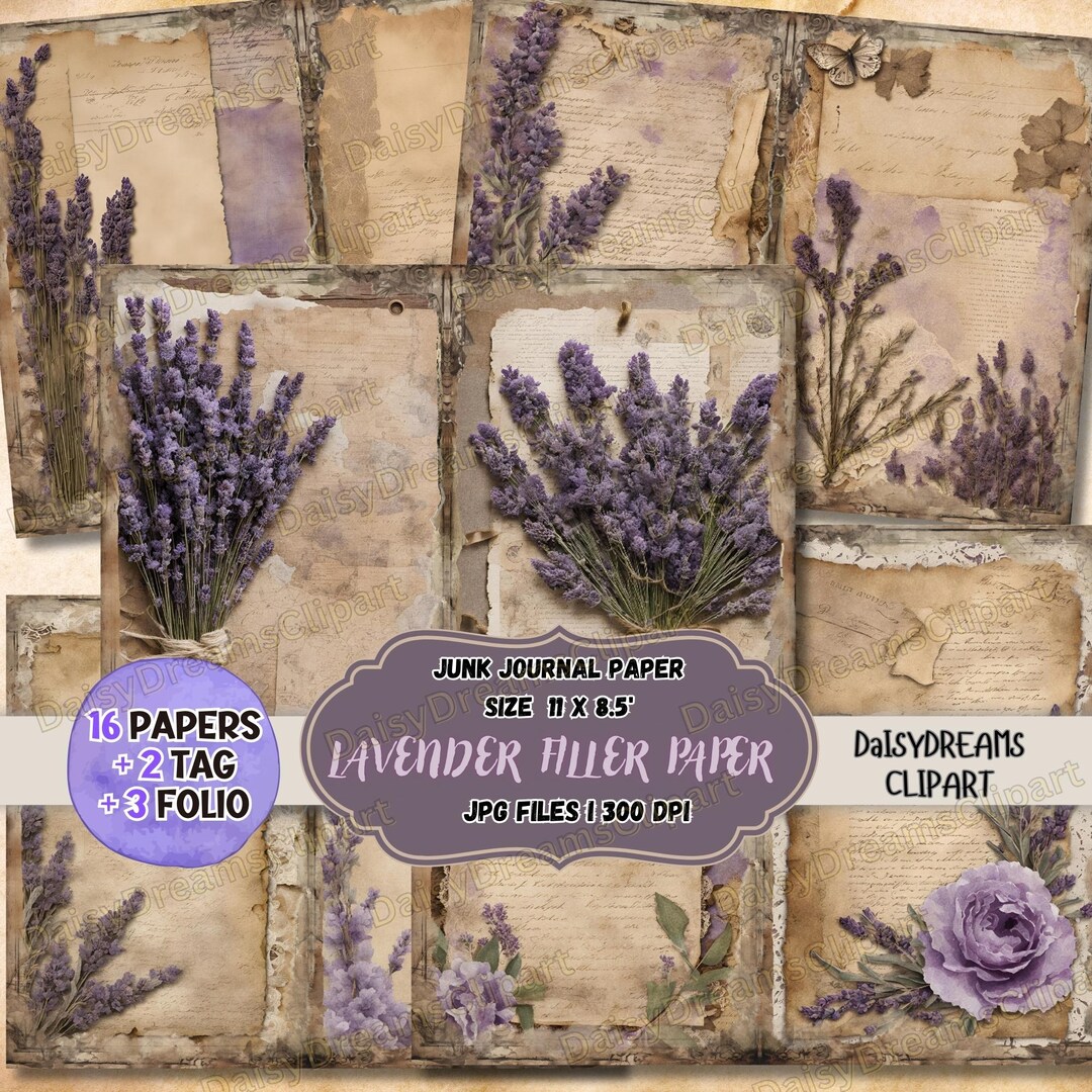 Lavender Filler Paper Junk Journal Kit | Vintage Lavender Filler Papers ...