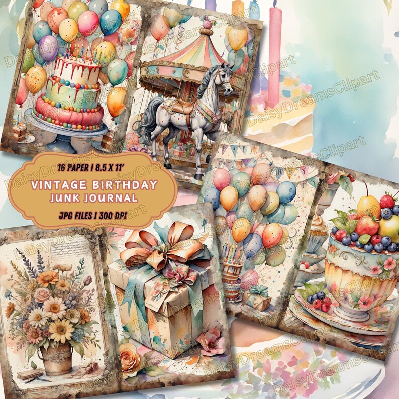 Vintage Birthday Junk Journal Pages: Scrapbook Paper Kit (16 JPG Files ...