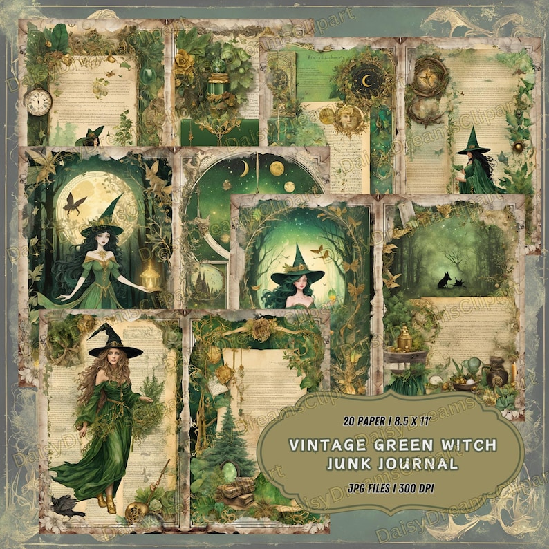 Vintage Green Witch Junk Journal Kit: Spell Book Printables (20 JPG ...