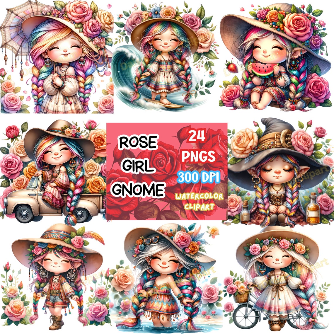 Watercolor Rose Girl Gnome Clipart: Bohemian Flowers PNG (digital ...