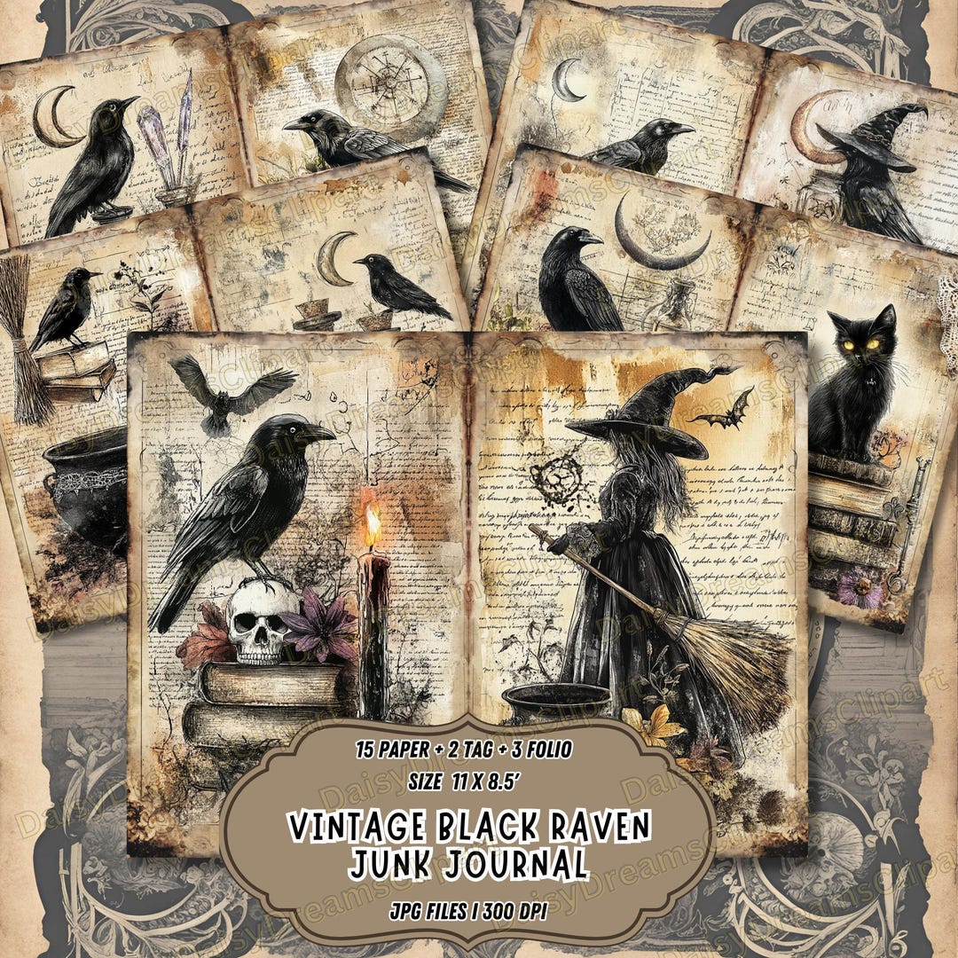 Black Raven Crow Junk Journal Pages | Vintage Dark Magical Junk Journal ...