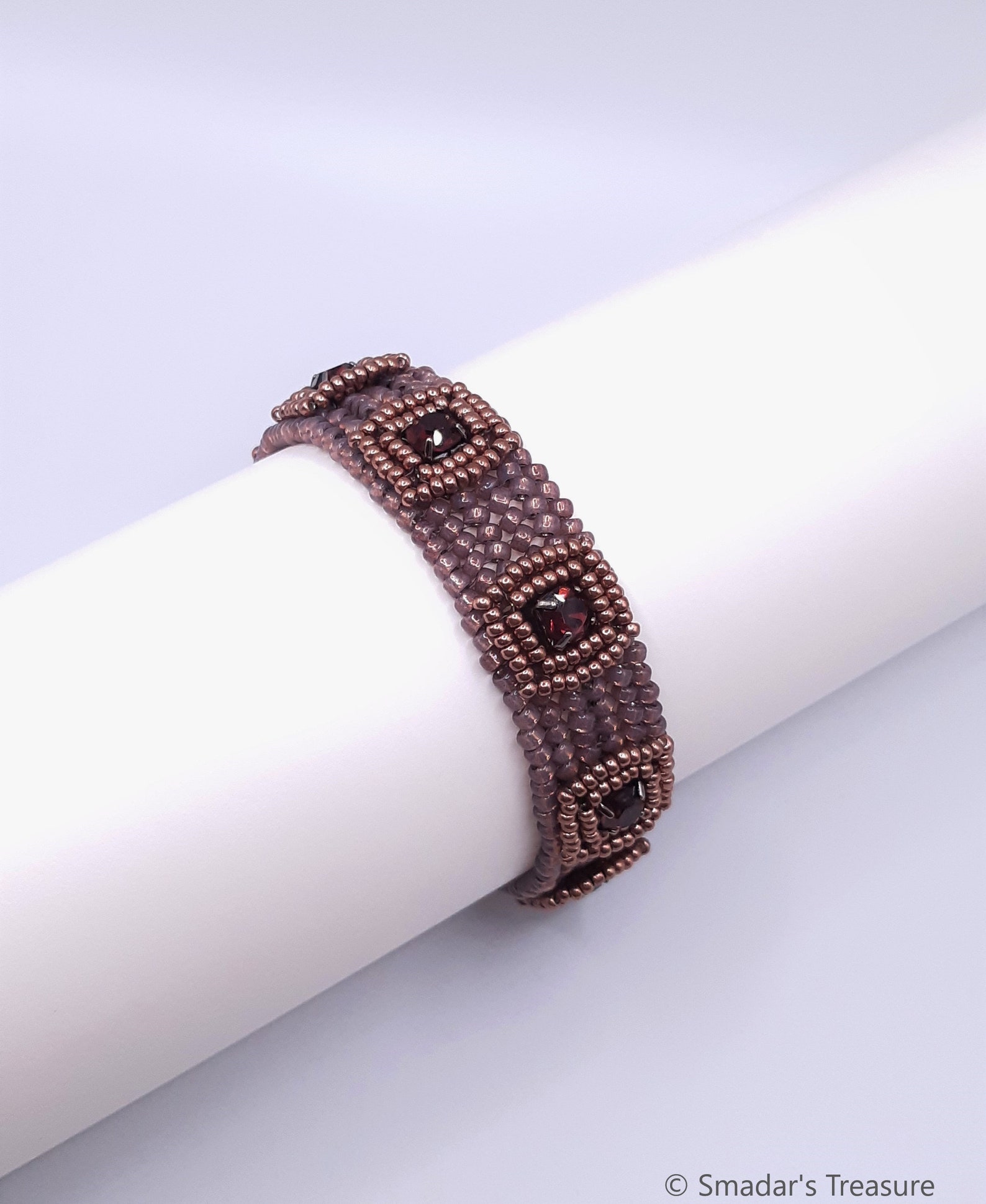 Narrow Bracelet With Crystals and Square Beads in Mauve and Copper ...