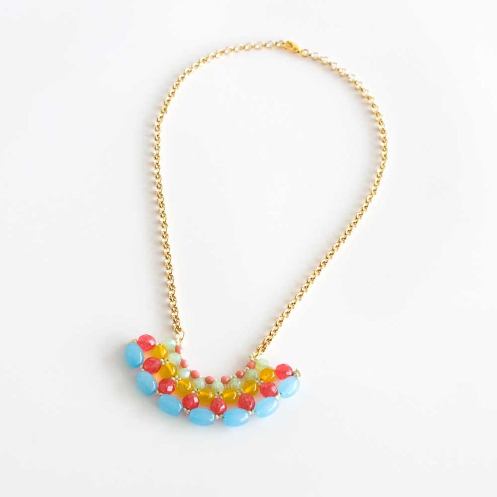 Gold Chain Necklace With Beaded Fan Pendant in Bright Colors of ...