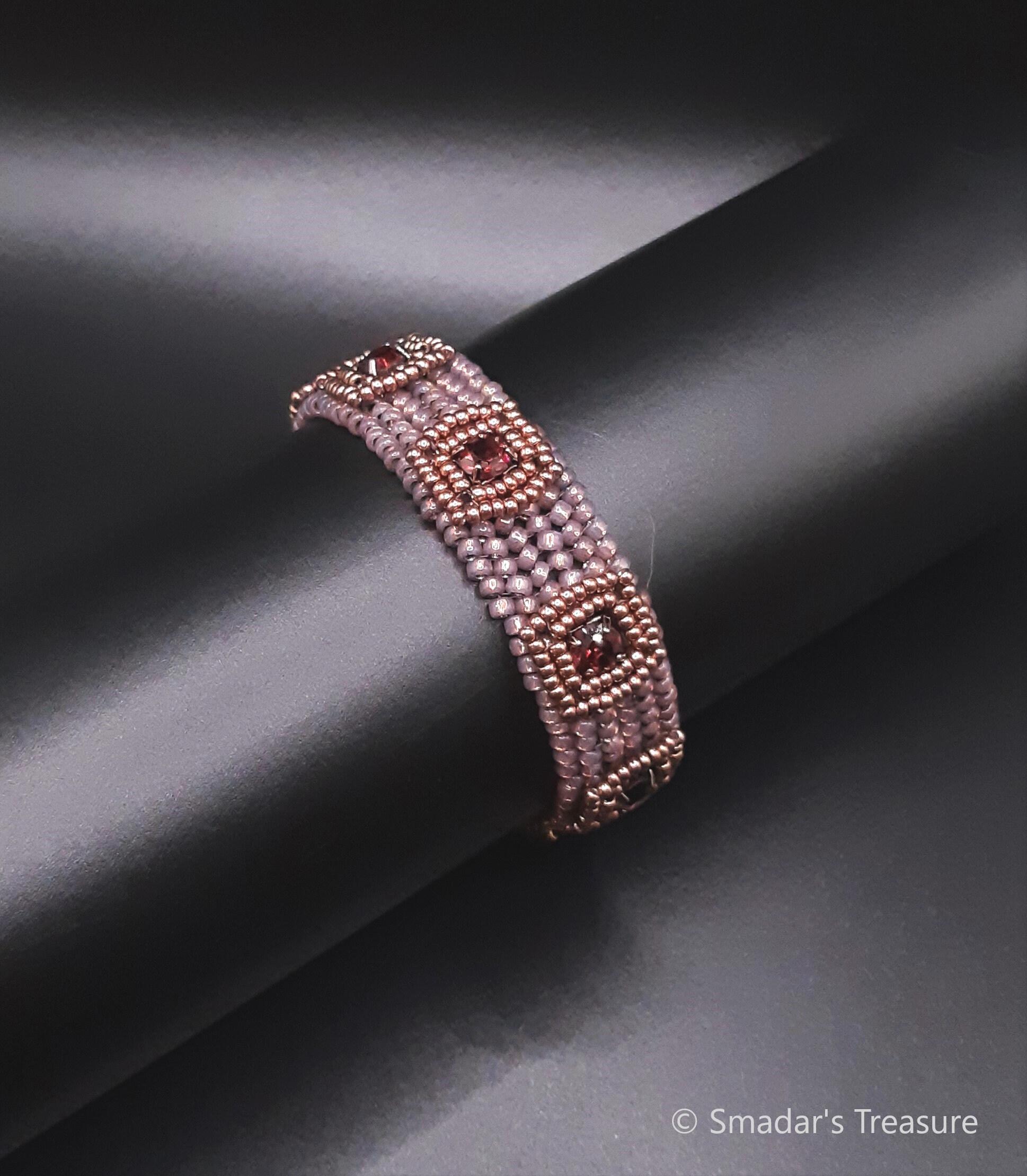 Narrow Bracelet With Crystals and Square Beads in Mauve and Copper ...