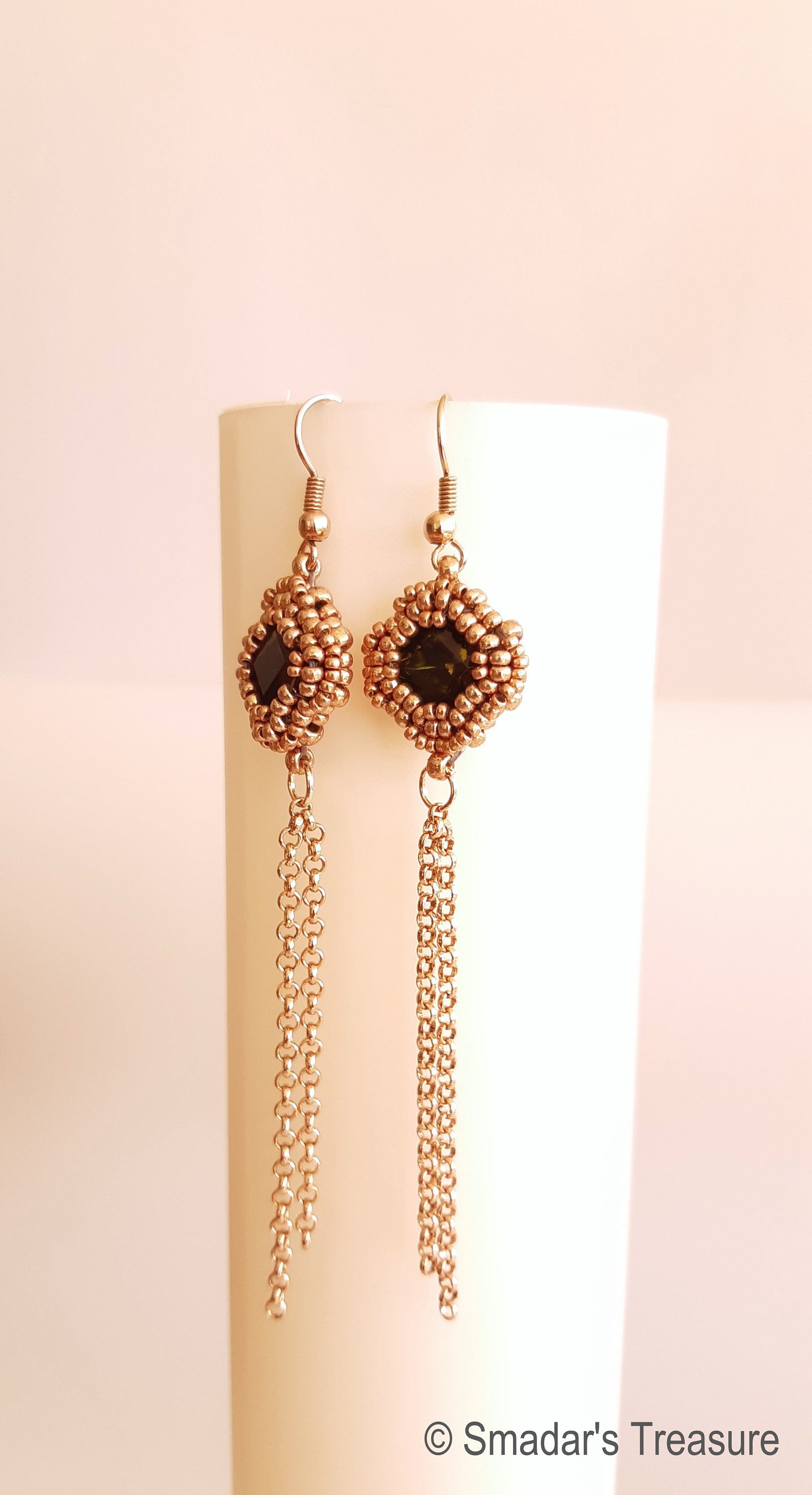 Rose Gold and Olive Green Diamond-shape Earrings With Chain - Etsy
