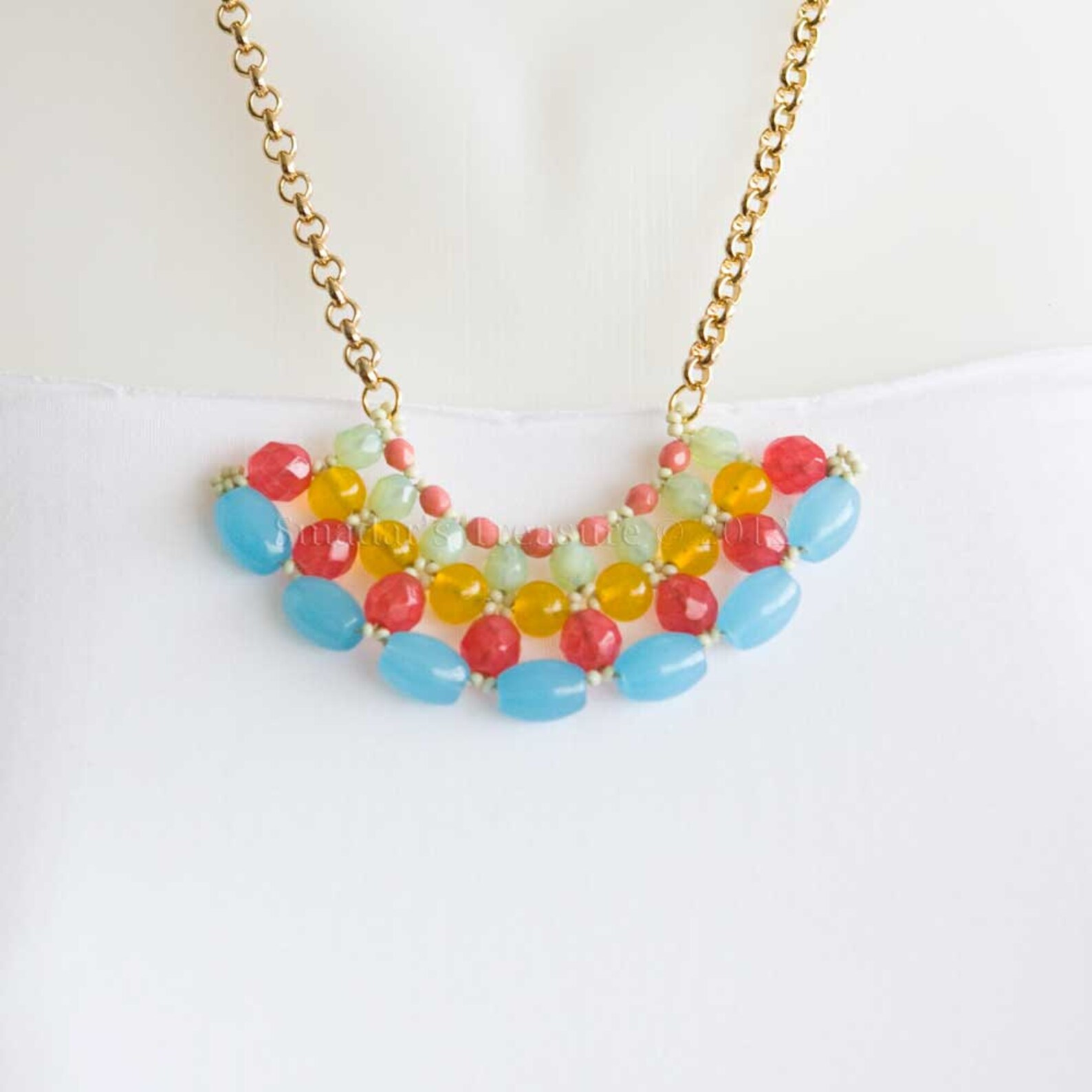 Gold Chain Necklace With Beaded Fan Pendant in Bright Colors of ...