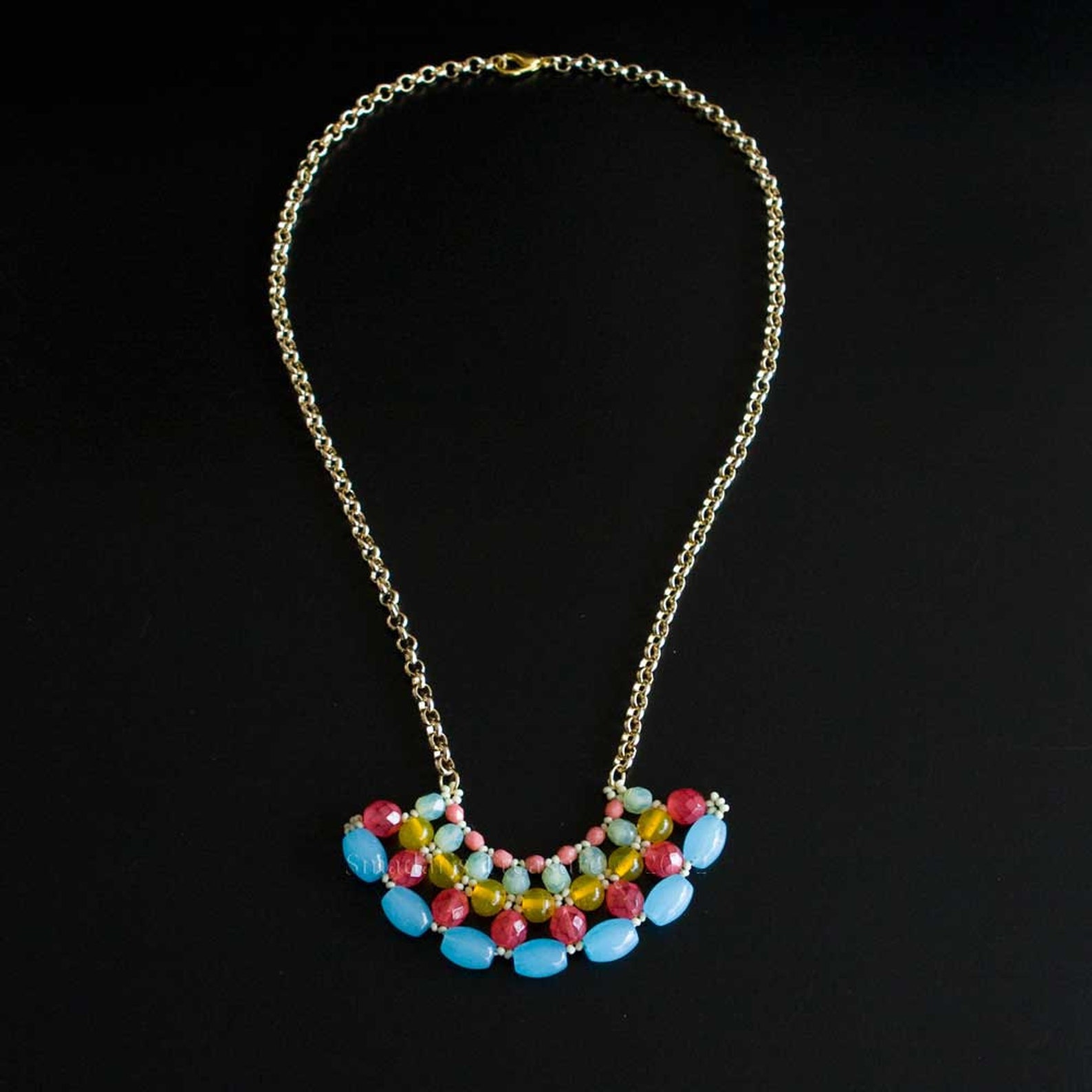 Gold Chain Necklace With Beaded Fan Pendant in Bright Colors of ...