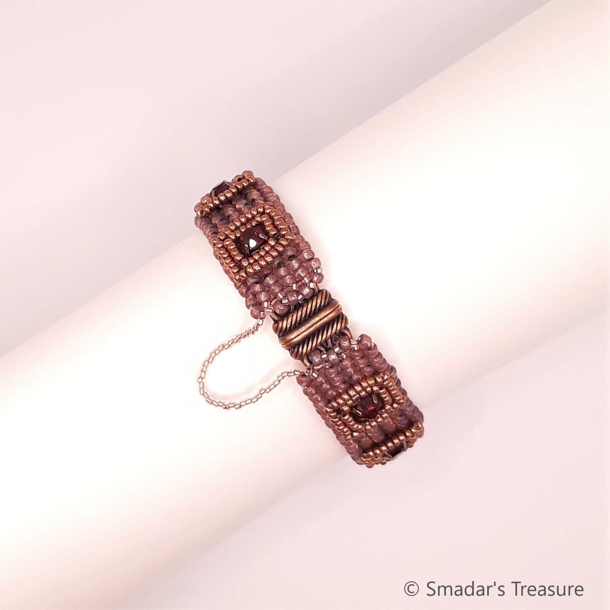 Narrow Bracelet With Crystals and Square Beads in Mauve and Copper ...