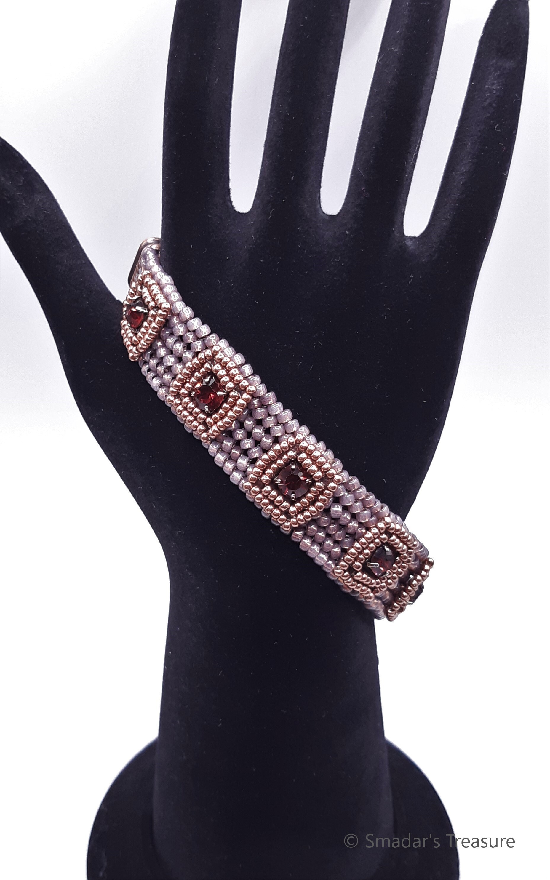 Narrow Bracelet With Crystals and Square Beads in Mauve and Copper ...