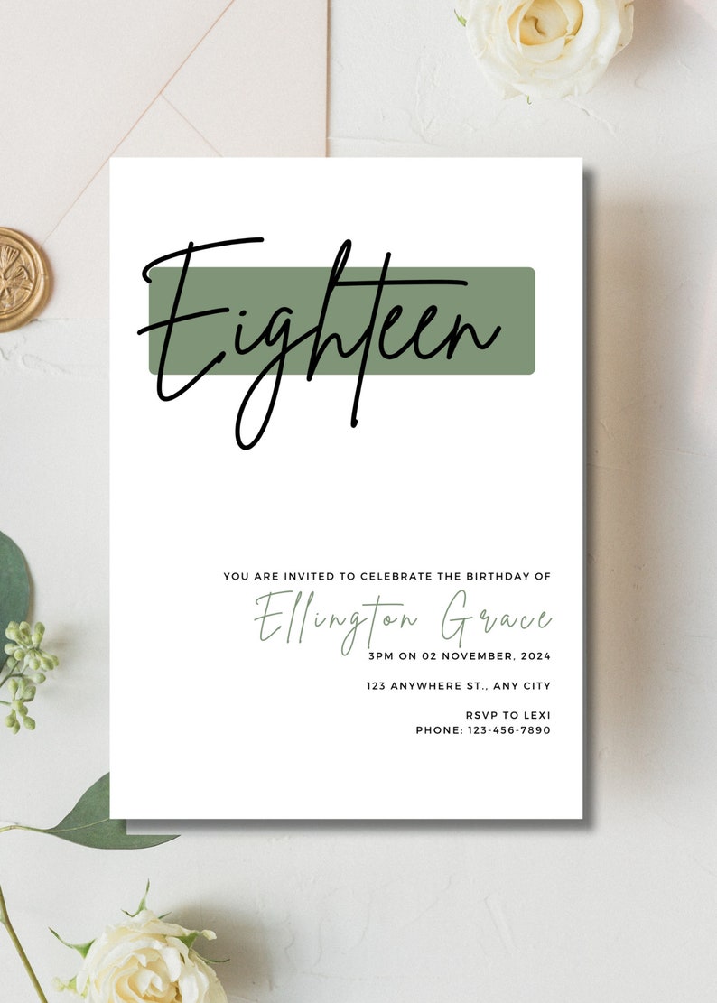 Minimalist Eighteen Birthday Invitation, Instant Download, Canva ...
