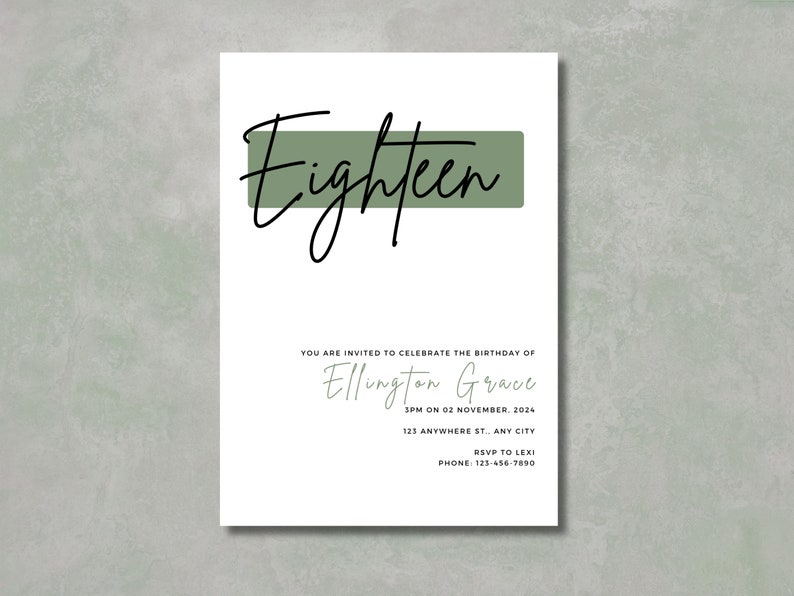 Minimalist Eighteen Birthday Invitation, Instant Download, Canva ...