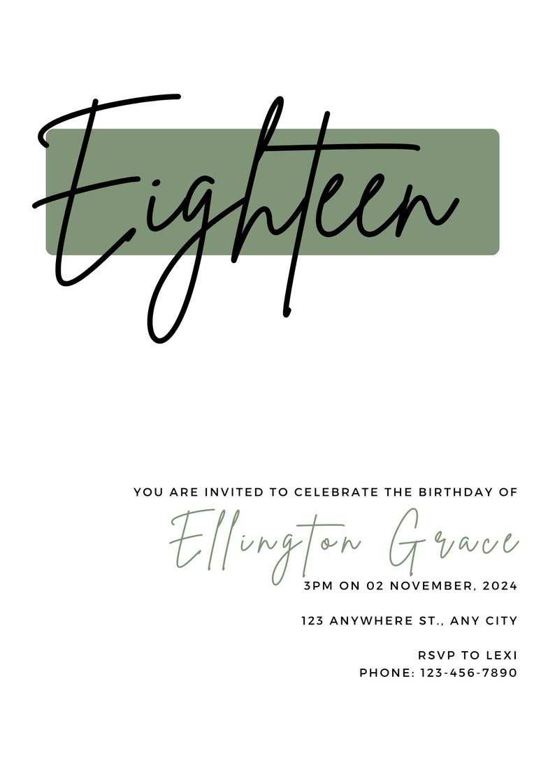 Minimalist Eighteen Birthday Invitation, Instant Download, Canva ...