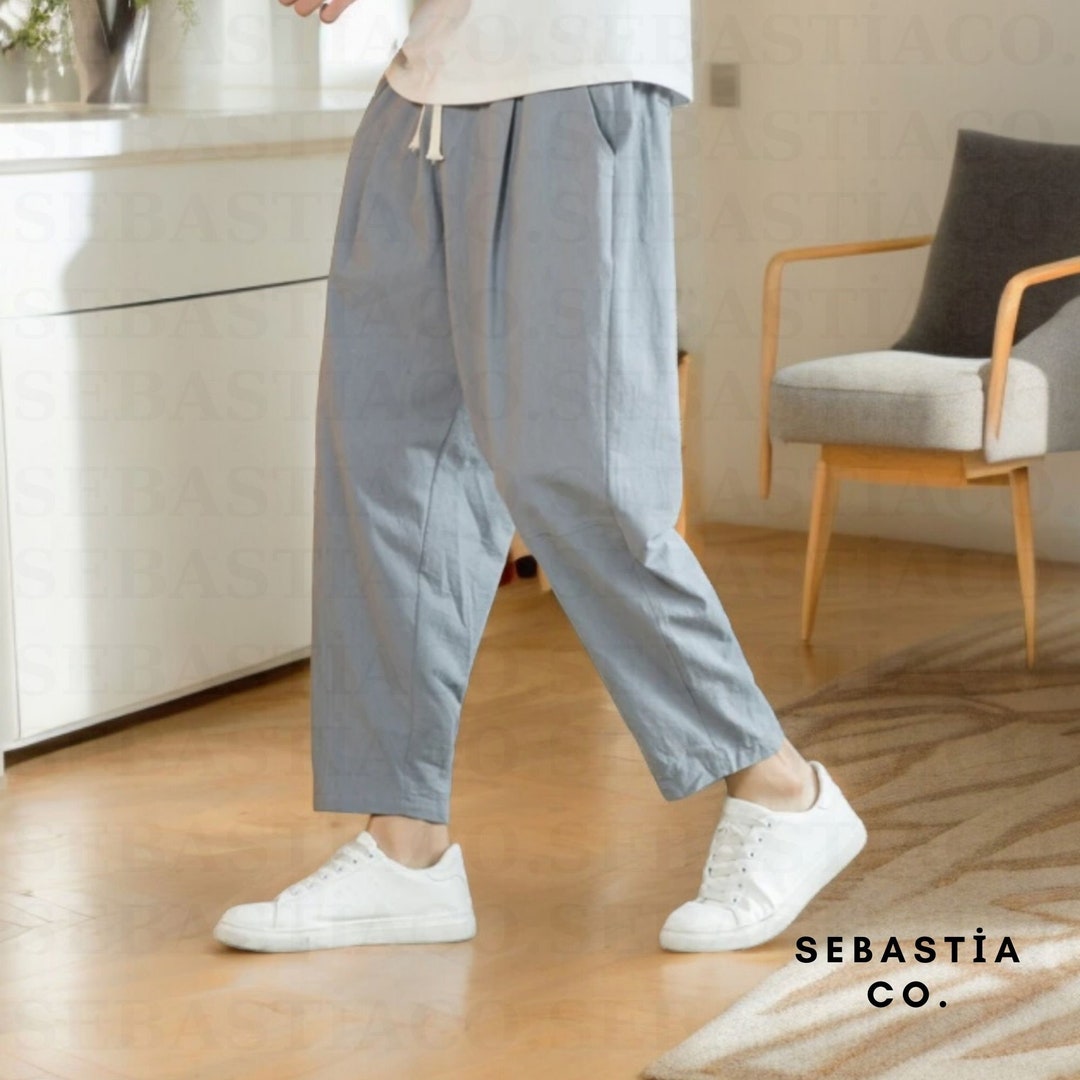 Mens Light Grey Linen Pants, Linen Joggers, Mens Trousers, Loose Fit ...